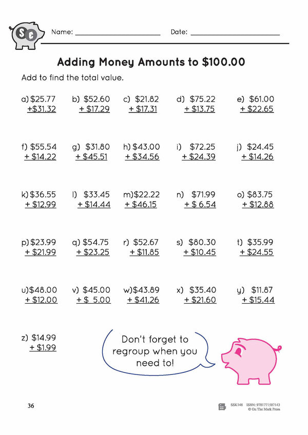 Adding & Subtracting Canadian Money Amounts up to $100 Grade 4 - 4 Wor