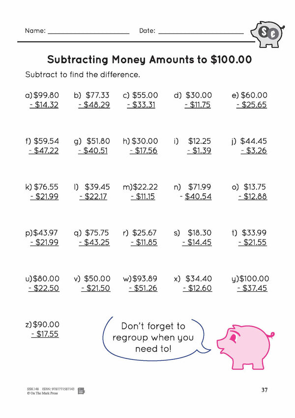 Adding & Subtracting Canadian Money Amounts up to $100 Grade 4 - 4 Wor