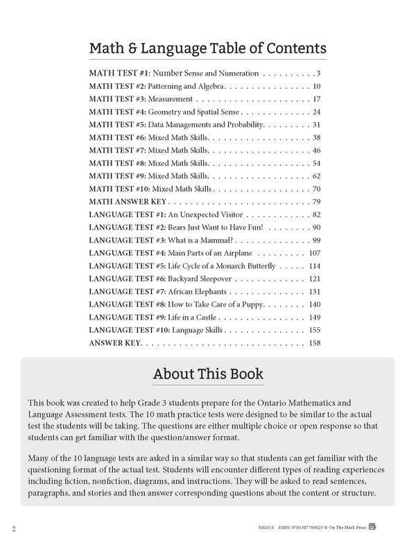 Ontario Grade 3 Math & Language Test Prep Guide
