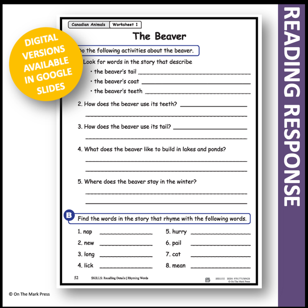 The Beaver Reading Lesson Gr. 1-2 Google Slides & Printables Distance