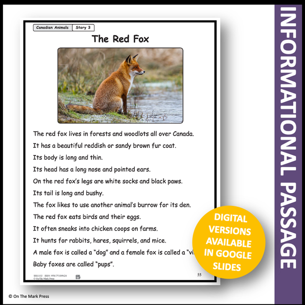 The Red Fox Reading Lesson Gr. 1-2 Google Slides & Printables Distance