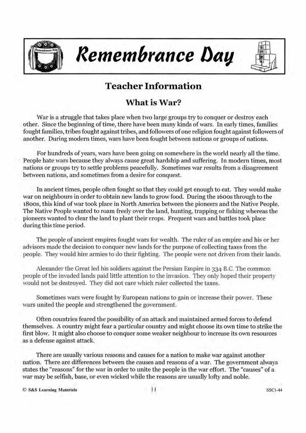 Remembrance Day Information for the Teacher