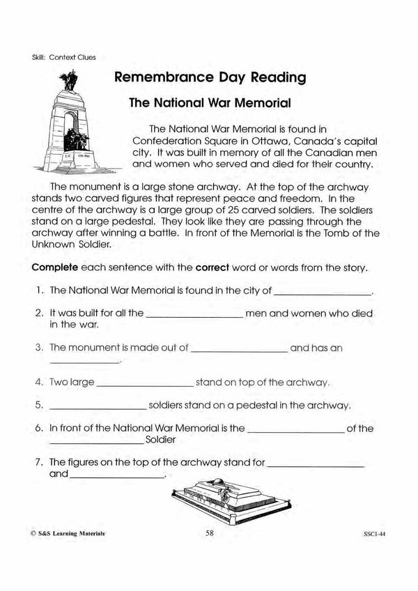 Remembrance Day Reading Activities Gr. 1-3
