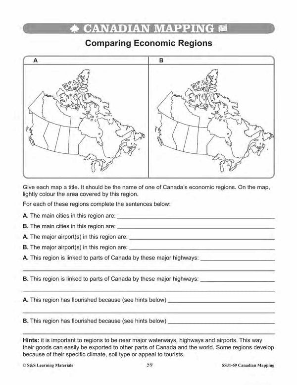 Economic Regions & Natural Resources in Canada Mapping Worksheets Grad
