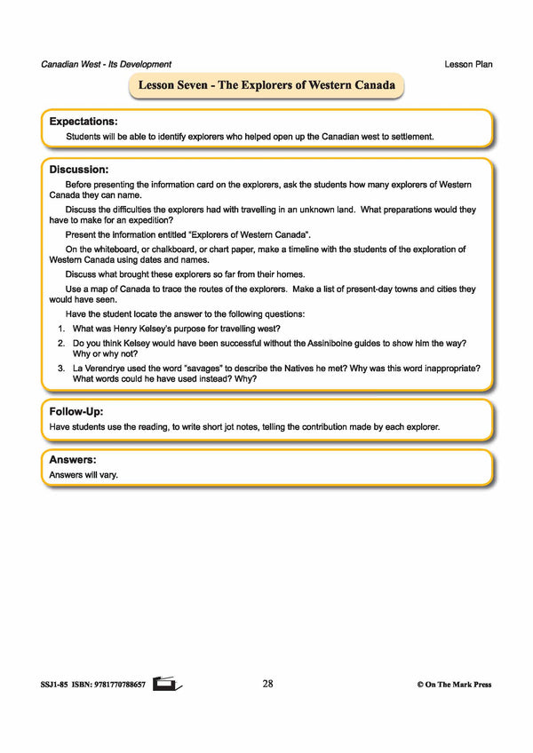 The Explorers of Western Canada Lesson Grades 7-8