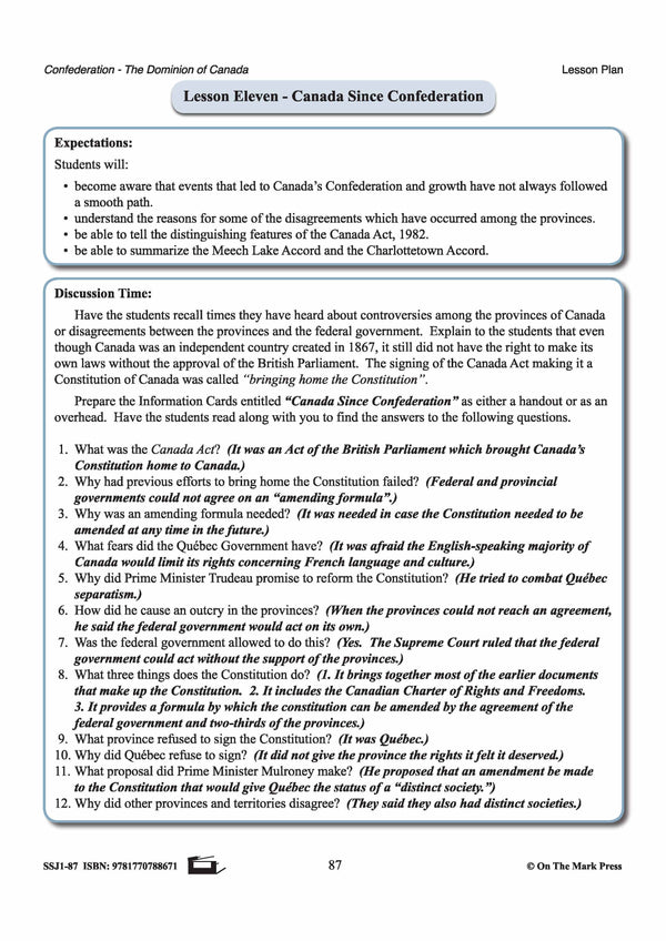 Canada Since Confederation Lesson Grades 7-8
