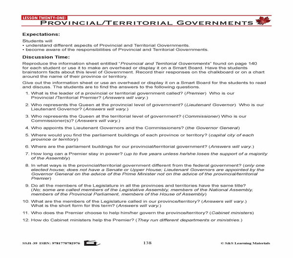 Canadian Government Lessons: Provincial/Territorial Governments Grades
