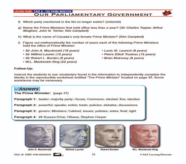 Canadian Government Lessons: The Prime Minister Grades 5+