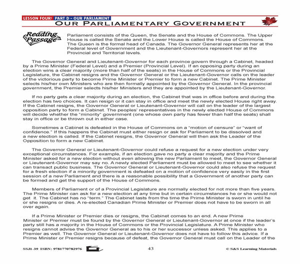 Canadian Government Lesson: Our Parliment Grades 5+