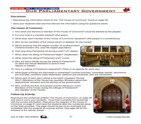 Canadian Government Lesson: The House of Commons Grades 5+