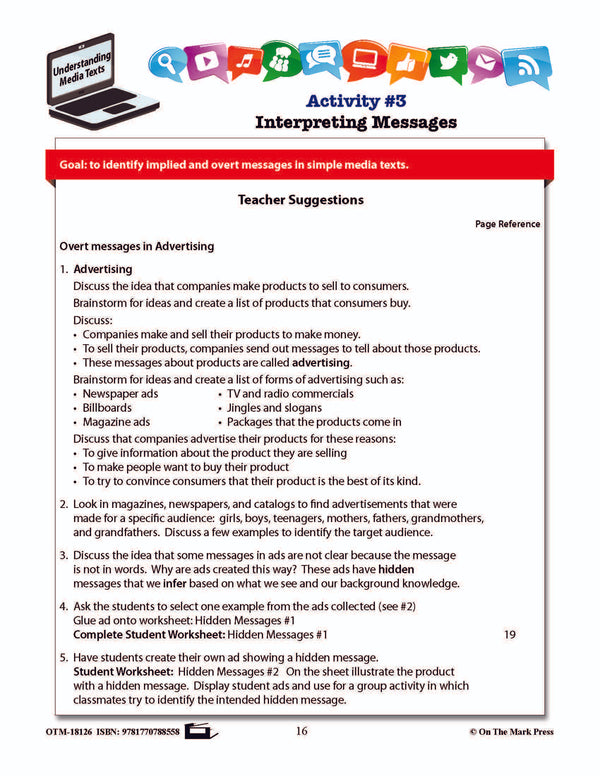 Interpreting Media Messages Lesson and Worksheets Grades 2-3 - Aligned