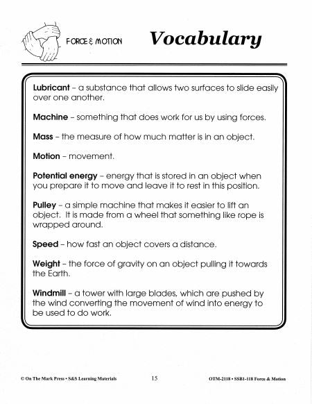 Force & Motion Vocabulary Meanings/Definitions Grades 1-3