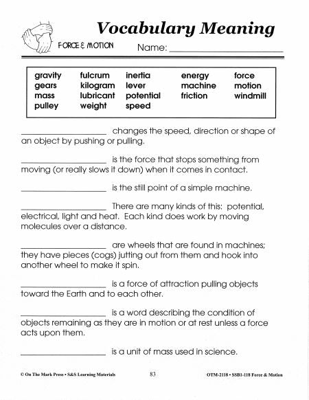 Force & Motion Vocabulary Meaning Worksheets Grades 1-3