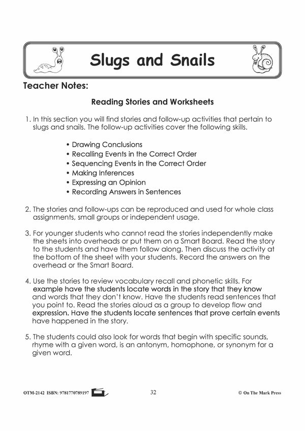 Slugs & Snails Reading Stories & Worksheets Grades 1-3