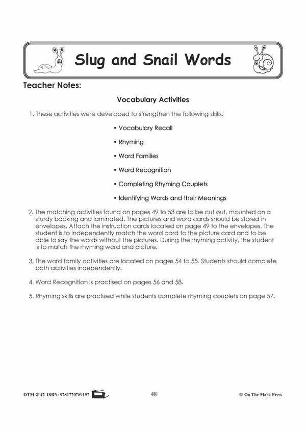 Slugs & Snails Vocabulary Activities Grades 1-3