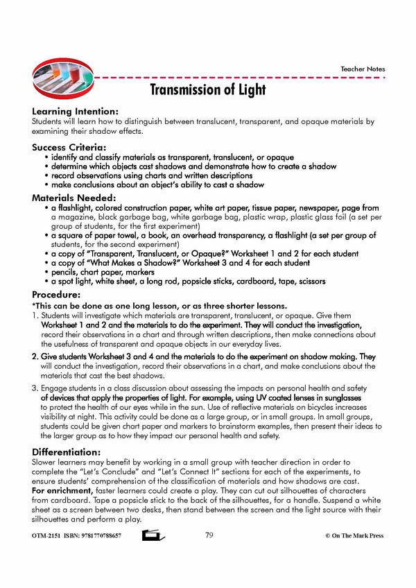 Transmission of Light Grade 8 Lesson with Experiments