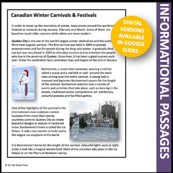 Canadian Winter Carnivals & Festivals Grades 4-6 Google Slides & Print