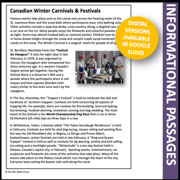 Canadian Winter Carnivals & Festivals Grades 4-6 Google Slides & Print