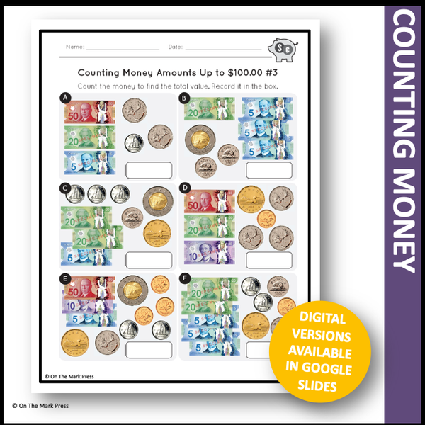 Counting Canadian Money Amounts Up to $100.00 Grade 4 Google Slides