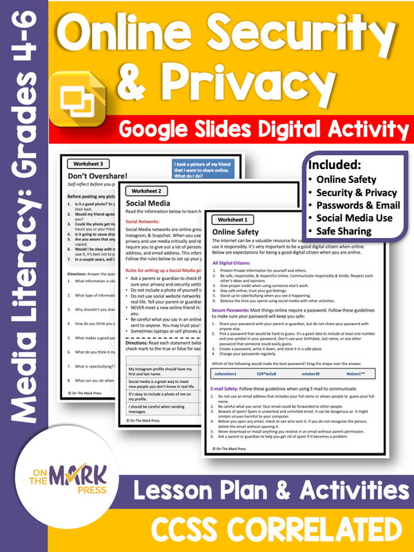 Online Security & Privacy, Gr. 4-6 Google Slides & Printables - Distan