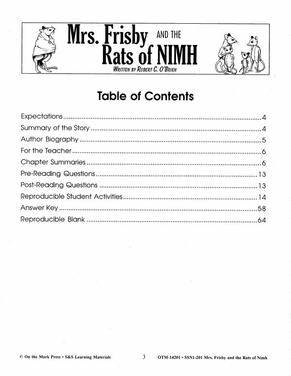 Mrs. Frisby & the Rats of Nimh, by Robert C. O'Brian Lit Link Grades 4