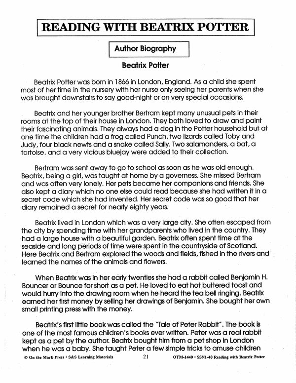 Reading with Beatrix Potter Author Study Grades 2-4