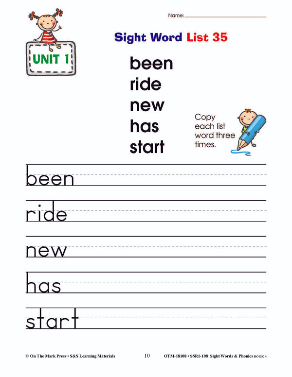 Sight Words & Phonics Book 4 Grades Junior Kindergarten to Grade 1