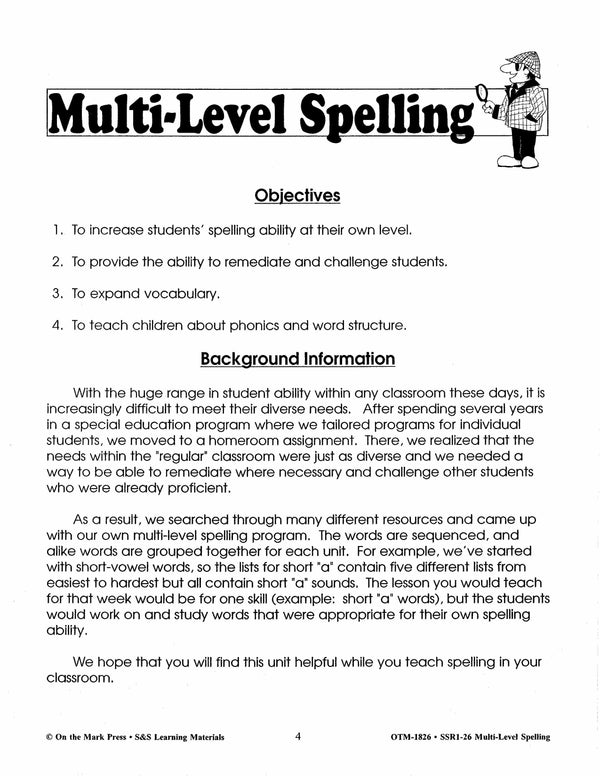 Spelling Work Sheets and Word Lists for Multi Level Student Abilities