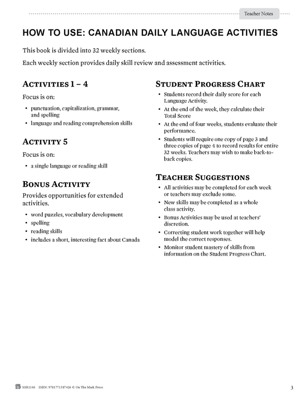 Canadian Daily Language Activities Grade 3