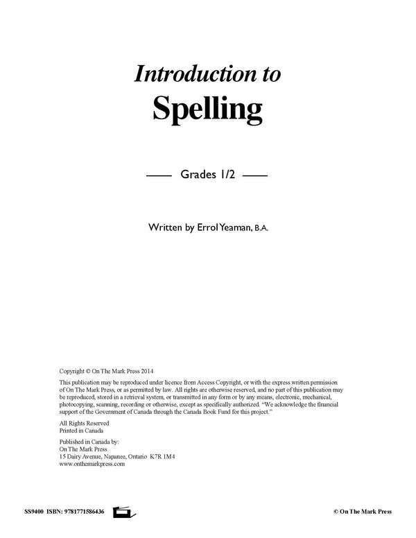 Spelling Grades 1/2 Workbook - Canadian Spelling Lessons/Worksheets