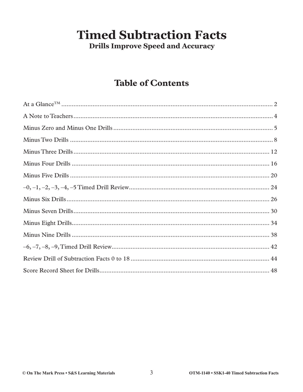 Timed Subtraction Drill Facts Grades 1-3