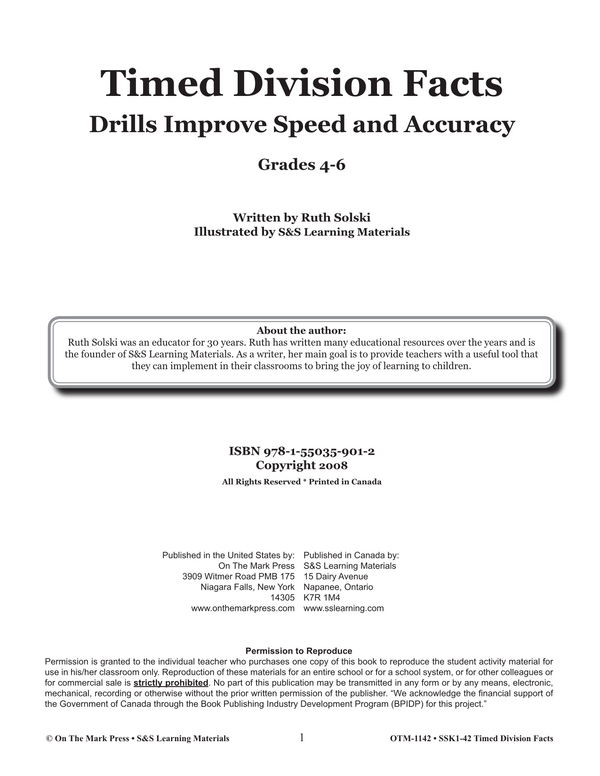 Timed Division Drill Facts Grades 4-6