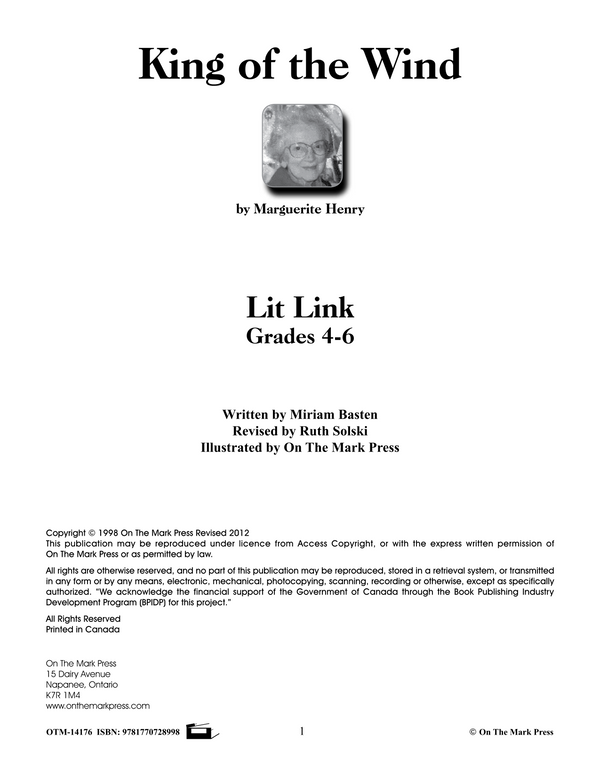 King of the Wind, by Marguerite Henry Lit Link/Novel Study Grades 4-6