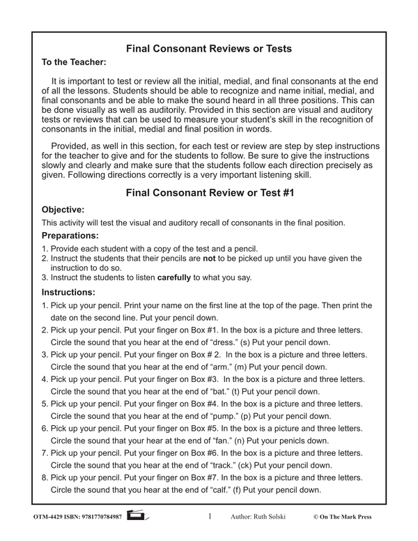 Tests for Final Consonants Kindergarten - Grade 1
