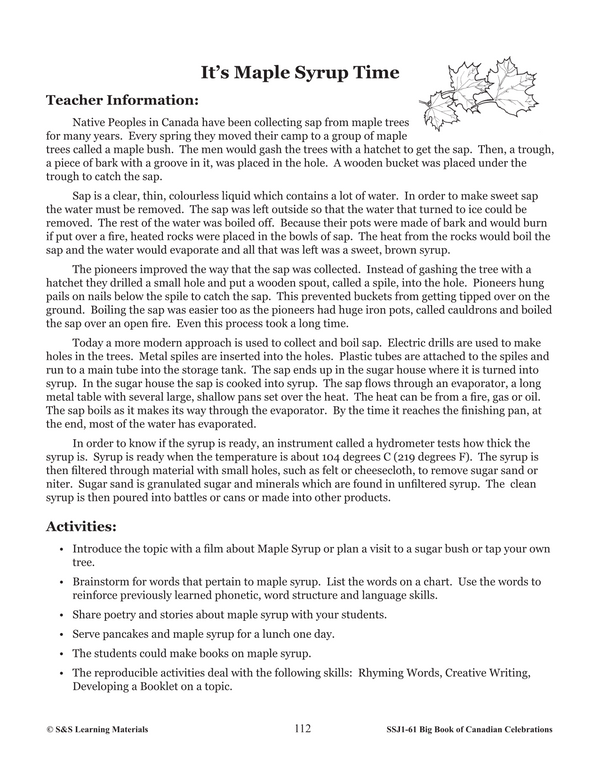 Maple Syrup Time Activity Gr. 1-3