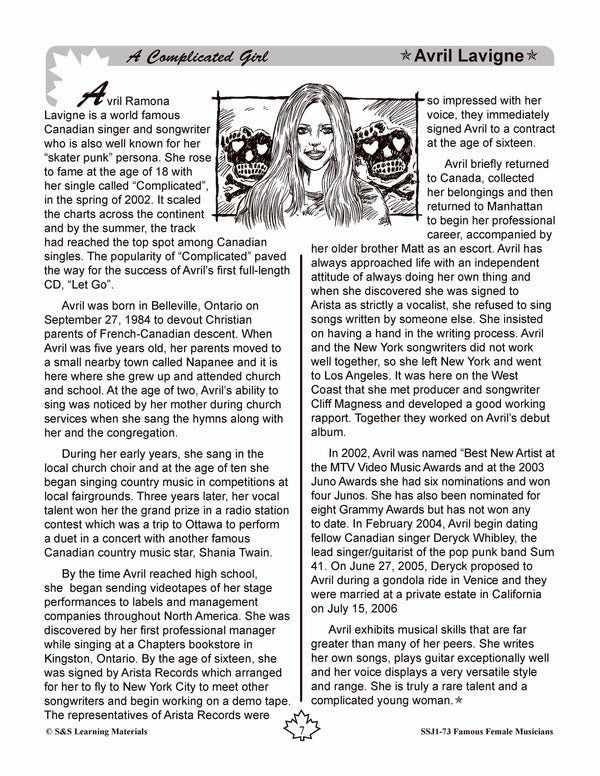 Famous Canadian Female Musicians Non Fiction Reading Grades 4-8