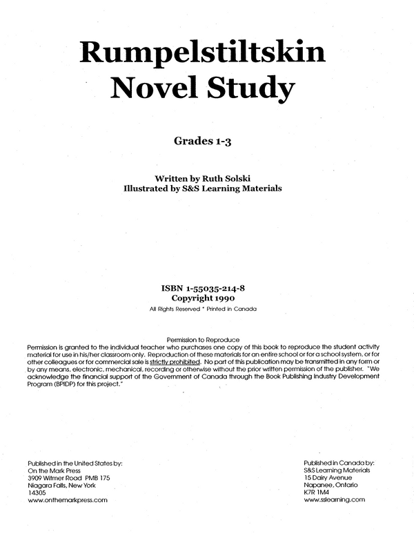 Rumplestiltskin: Novel Study Guide Gr. 1-3