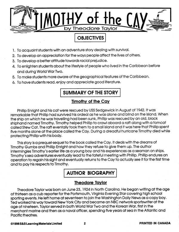 Timothy of the Cay, by Theodore Taylor Novel Study Guide Gr. 7-8