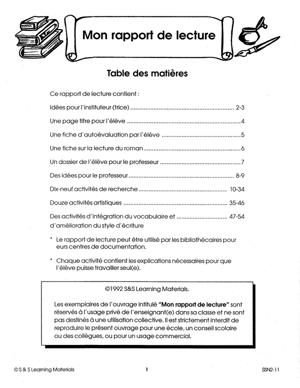 Mon rapport de lecture 4e à 6e année