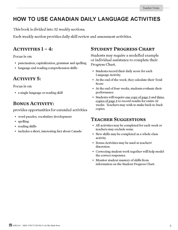 Canadian Daily Language Activities Grade 1